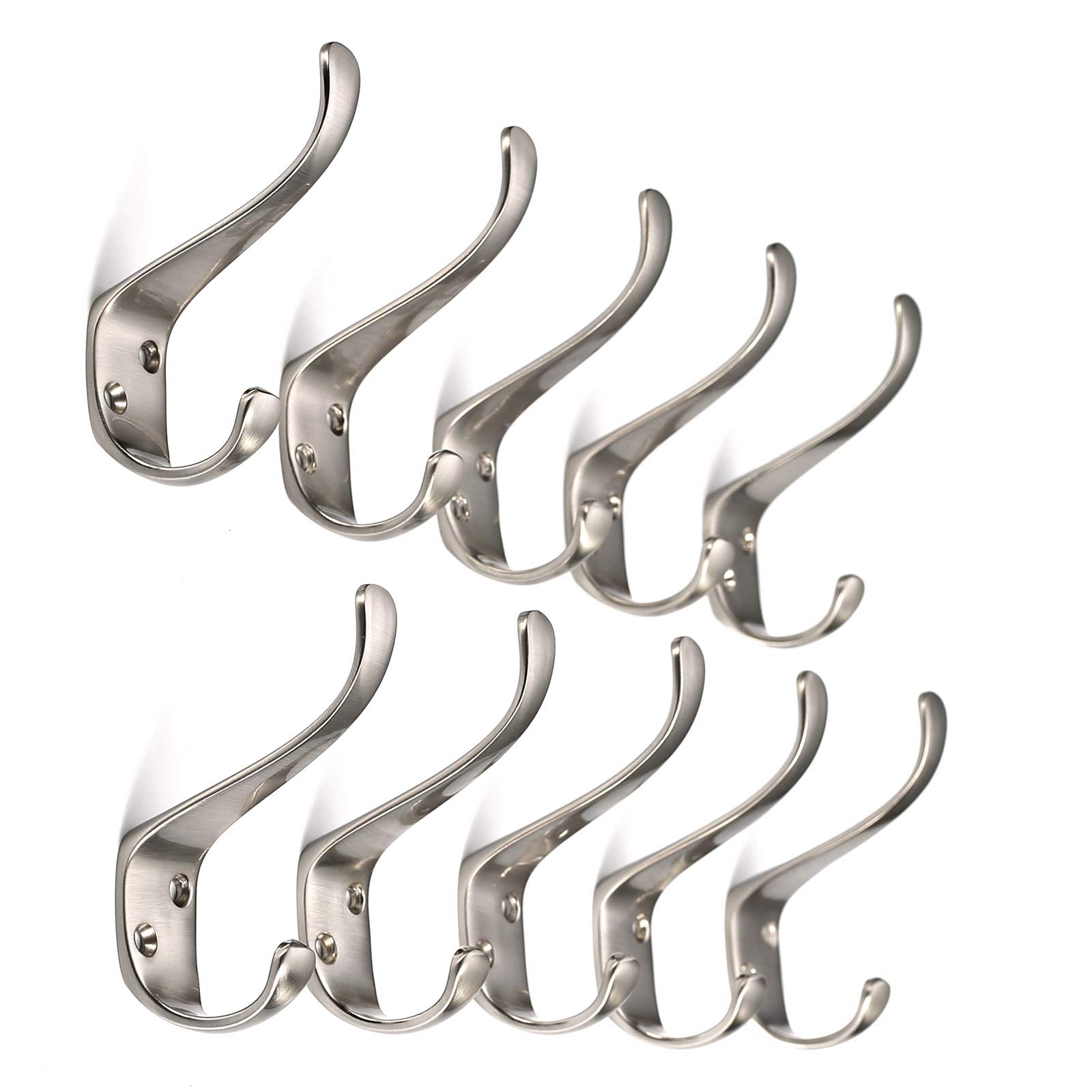 Ambipolar 10 Pack Wall Mounted Elegant Decorative Heavy Duty Double Coat Hooks, with Screws, Brushed Nickel (6635BSN-T500)