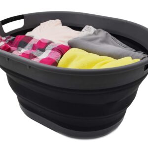 SAMMART 25L(6.6 gallon) Collapsible Oval Laundry Basket-Foldable Storage Container/Organizer-Portable Washing Tub-Space Saving Hamper-Pet Bath Tub,Water capacity 20L(5.28 gallon) (Grey/Black)