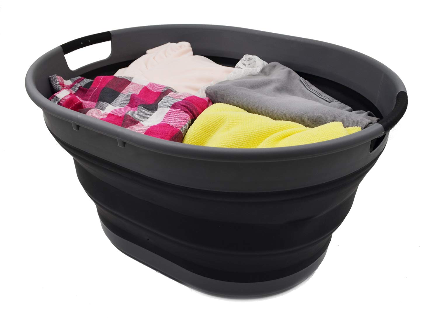 SAMMART 25L(6.6 gallon) Collapsible Oval Laundry Basket-Foldable Storage Container/Organizer-Portable Washing Tub-Space Saving Hamper-Pet Bath Tub,Water capacity 20L(5.28 gallon) (Grey/Black)