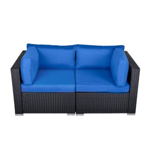 sunvivi outdoor patio loveseat, 2 piece wicker outdoor sectional couch with removable navy blue cushions, extra sofa furniture