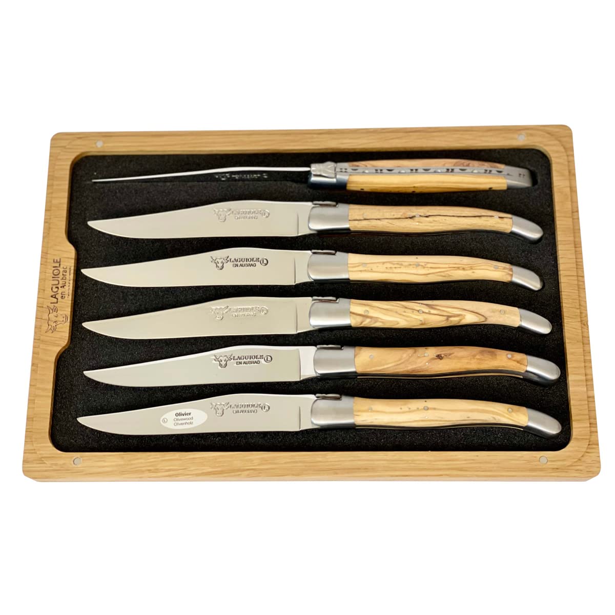 Laguiole en Aubrac Luxury Fully Forged Full Tang Stainless Steel Steak Knives 6-Piece Set with Olivewood Handle, Stainless Steel Matte Bolsters