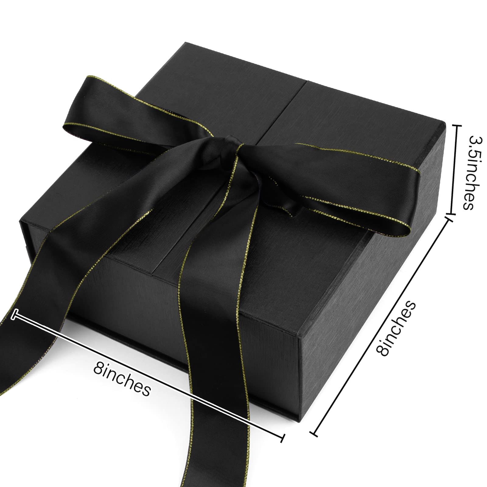 JOHOUSE Black Gift Box with Lid, 8x8x3.5 Inches Favor Boxes with Ribbon and Magnetic Closure, Weddings, Christmas Goodie Boxes, Birthday Gift Packging