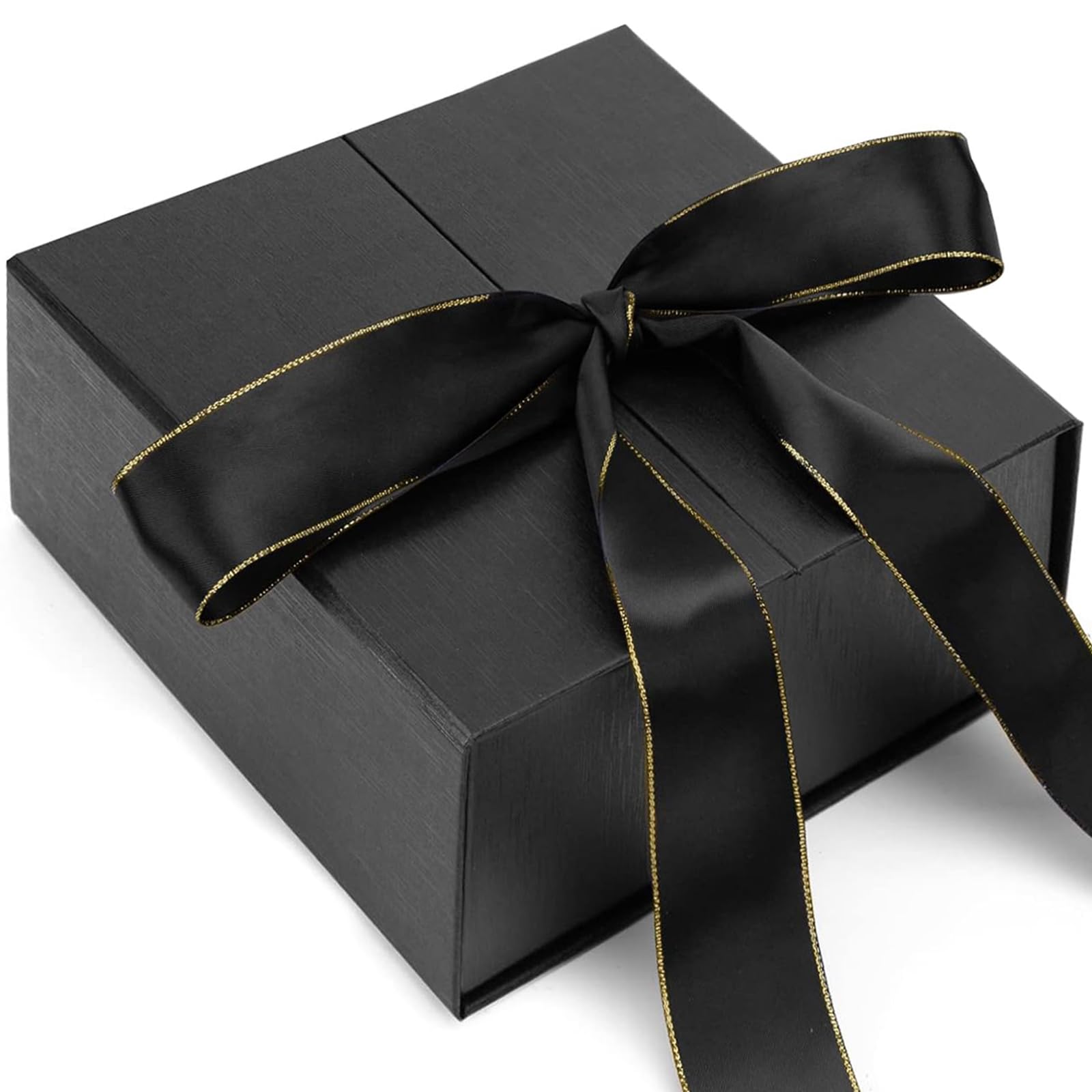 JOHOUSE Black Gift Box with Lid, 8x8x3.5 Inches Favor Boxes with Ribbon and Magnetic Closure, Weddings, Christmas Goodie Boxes, Birthday Gift Packging