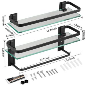 VOLPONE Glass Bathroom Shelf with Towel Bar 15.7in Bathroom Wall Shelves Rustproof Metal Bathroom Wall Organizer 2-Tier (Black)