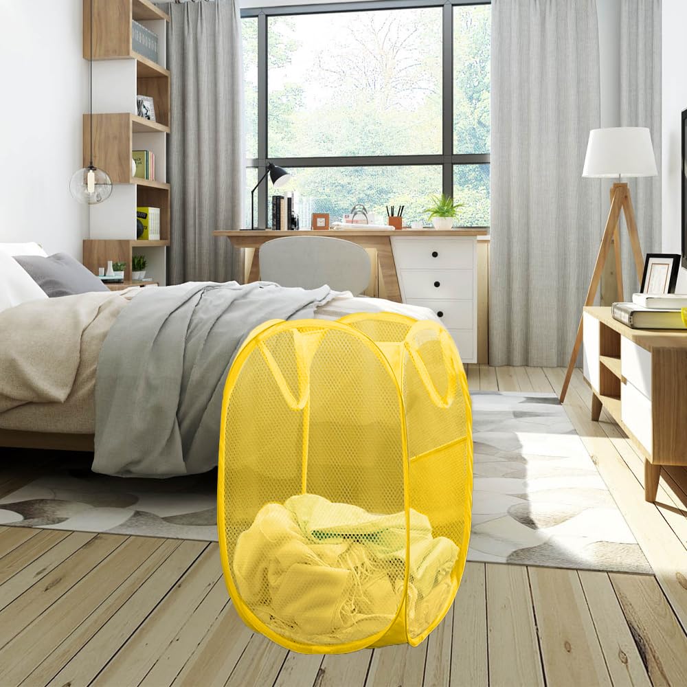 Bud Mesh Pop up Laundry Hamper, Foldable Clothes Hamper Laundry Basket for Kids Room, Bedroom, College Dorm or Travel, Yellow