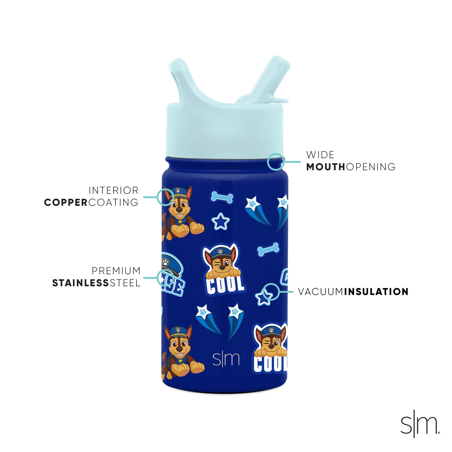 Simple Modern Paw Patrol Kids Water Bottle with Straw Insulated Stainless Steel Toddler Cup for Boys, Girls, School | Summit Collection | 14oz, Chase on the Case