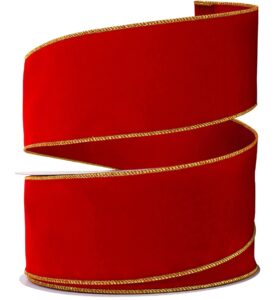 red velvet ribbon wired 2.5 (2 1/2) inch wide wire-edge gold trim clearance: 30 yards christmas wrap, valentine's day/outdoor xmas tree bows/winter wedding bow/valentine ribbons for crafts & gifts