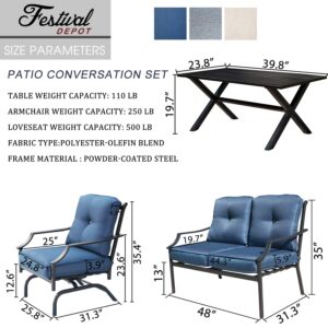 Festival Depot 4 pc Patio Conversation Set Metal Armchairs Loveseat and Coffee Table with Thick Cushions Outdoor Furniture for Garden Deck Bistro (Blue)