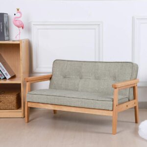 Yoonnie room Double Seater Kid Sofa Chair, Kid Couch with Solid Wood Arm and Linen Pattern PVC for Kids Rest (Light Grey)