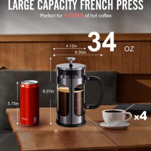 BAYKA 34 Ounce 1 Liter French Press Coffee Maker, Heat Resistant Thickened Borosilicate Glass Stainless Steel Coffee Press, Cold Brew Coffee Pot Tea Press for Kitchen Travel Camping, Dark Pewter