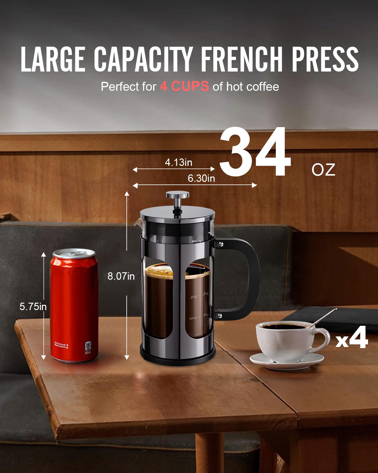 BAYKA 34 Ounce 1 Liter French Press Coffee Maker, Heat Resistant Thickened Borosilicate Glass Stainless Steel Coffee Press, Cold Brew Coffee Pot Tea Press for Kitchen Travel Camping, Dark Pewter