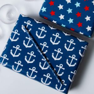 WRAPAHOLIC Wrapping Paper Sheet - Nautical Anchors Blue Design for Birthday, Holiday, Wedding, Baby Shower - 1 Roll Contains 6 Sheets - 17.5 inch X 39.3 inch Per Sheet