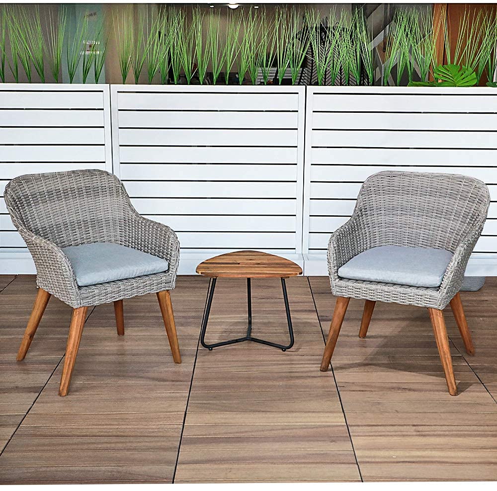 Soleil Jardin Outdoor 3-Piece Bistro Set with Seat Cushion, Two Chairs and Wood Top Side Table, Gray Wicker with Wood Leg