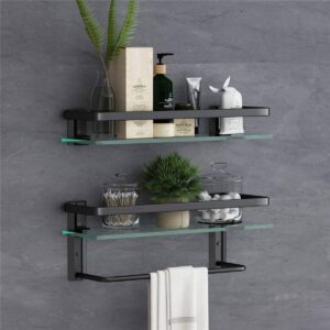 volpone glass bathroom shelf with towel bar 15.7in bathroom wall shelves rustproof metal bathroom wall organizer 2-tier (black)