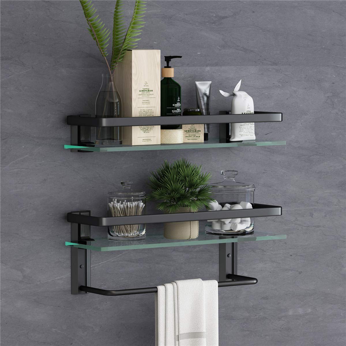 VOLPONE Glass Bathroom Shelf with Towel Bar 15.7in Bathroom Wall Shelves Rustproof Metal Bathroom Wall Organizer 2-Tier (Black)