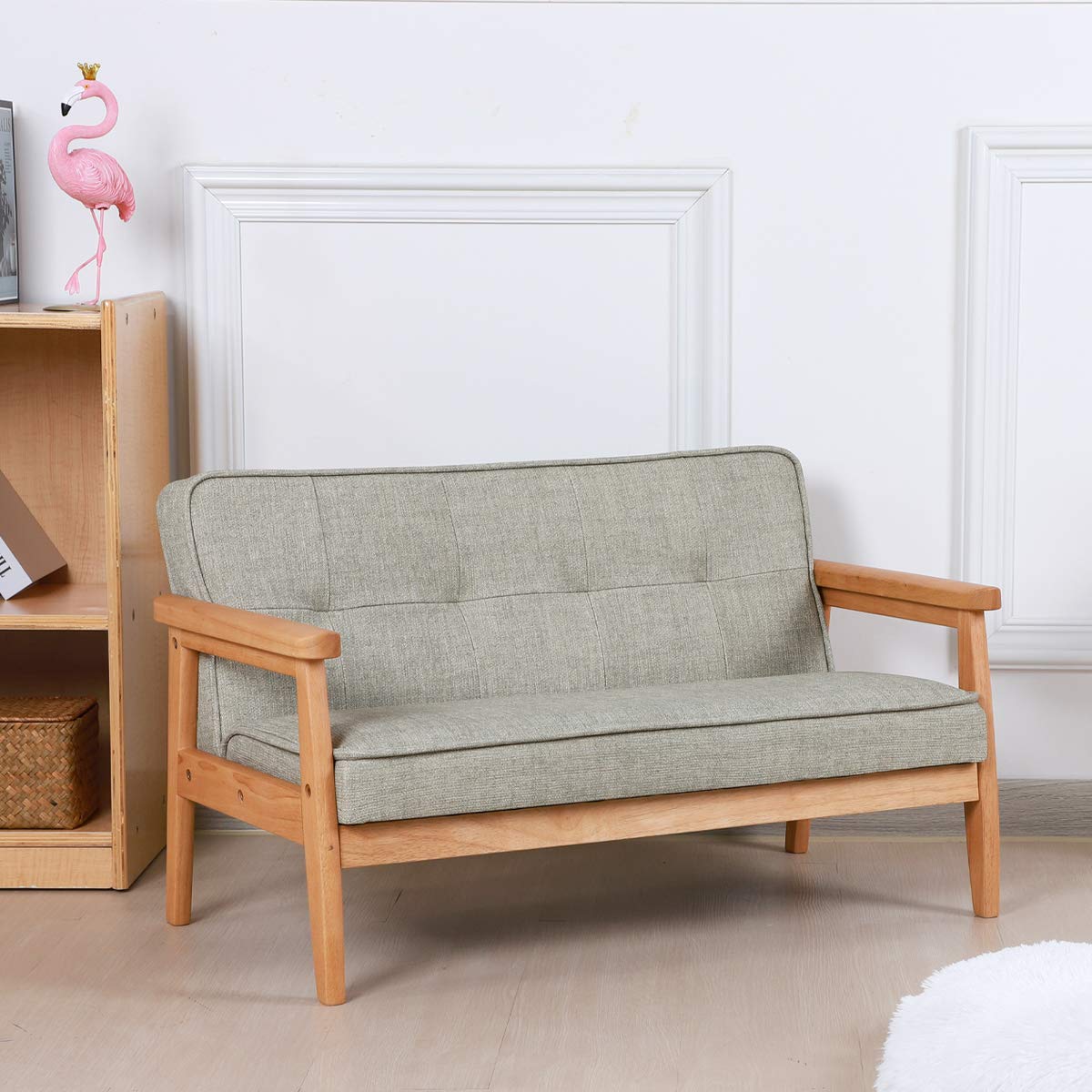 Yoonnie room Double Seater Kid Sofa Chair, Kid Couch with Solid Wood Arm and Linen Pattern PVC for Kids Rest (Light Grey)