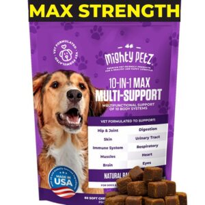 mighty petz max dog multivitamin - senior & adult dog vitamins 10 in 1 complete support for joints, immunity, mobility, gut, energy, skin health. daily pet chewable supplement