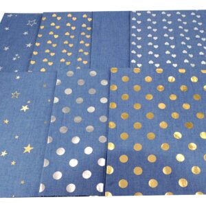 Fat Quarter Gold Foil Denim Fabric Pre-Cut Quilting Assortments, Craft Cloth Bundle Squares Rose Flavor(17.5 by 20.5Inch)