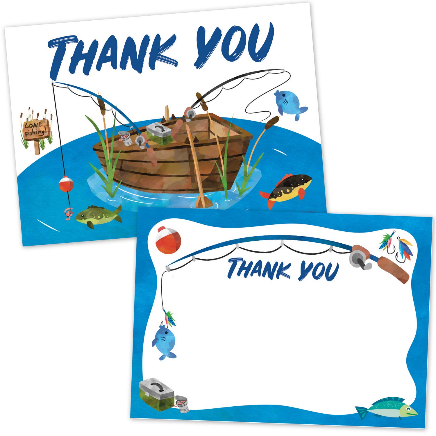 Old Blue Door Invites Fishing Thank You Cards (20 Count with Envelopes) - Fishing Birthday Thanks for Kids and Adults