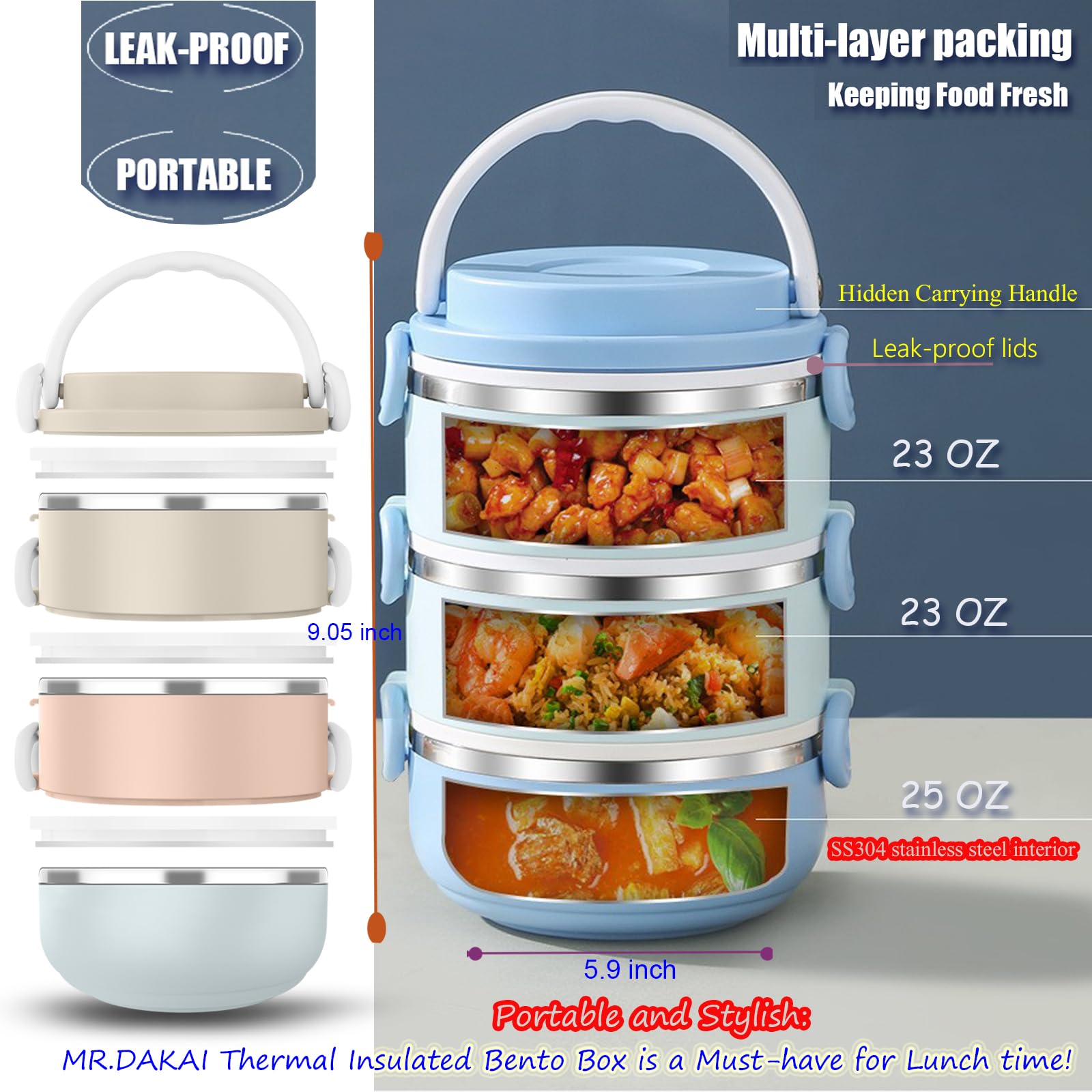 Mr.Dakai Portable Electric Heated Bento Lunch Box for Adults Kids, 71oz Stackable Stainless Steel Hot Food Lunch Box Container, 3-Tier Insulated Bento Box Adult Thermal Lunch Box, Food Warmer Set