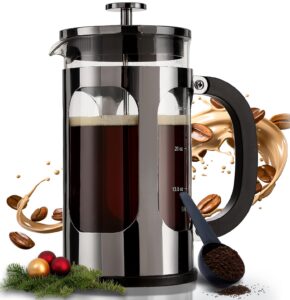 bayka 34 ounce 1 liter french press coffee maker, heat resistant thickened borosilicate glass stainless steel coffee press, cold brew coffee pot tea press for kitchen travel camping, dark pewter