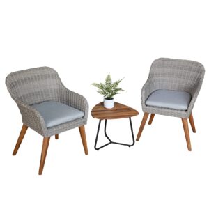 soleil jardin outdoor 3-piece bistro set with seat cushion, two chairs and wood top side table, gray wicker with wood leg