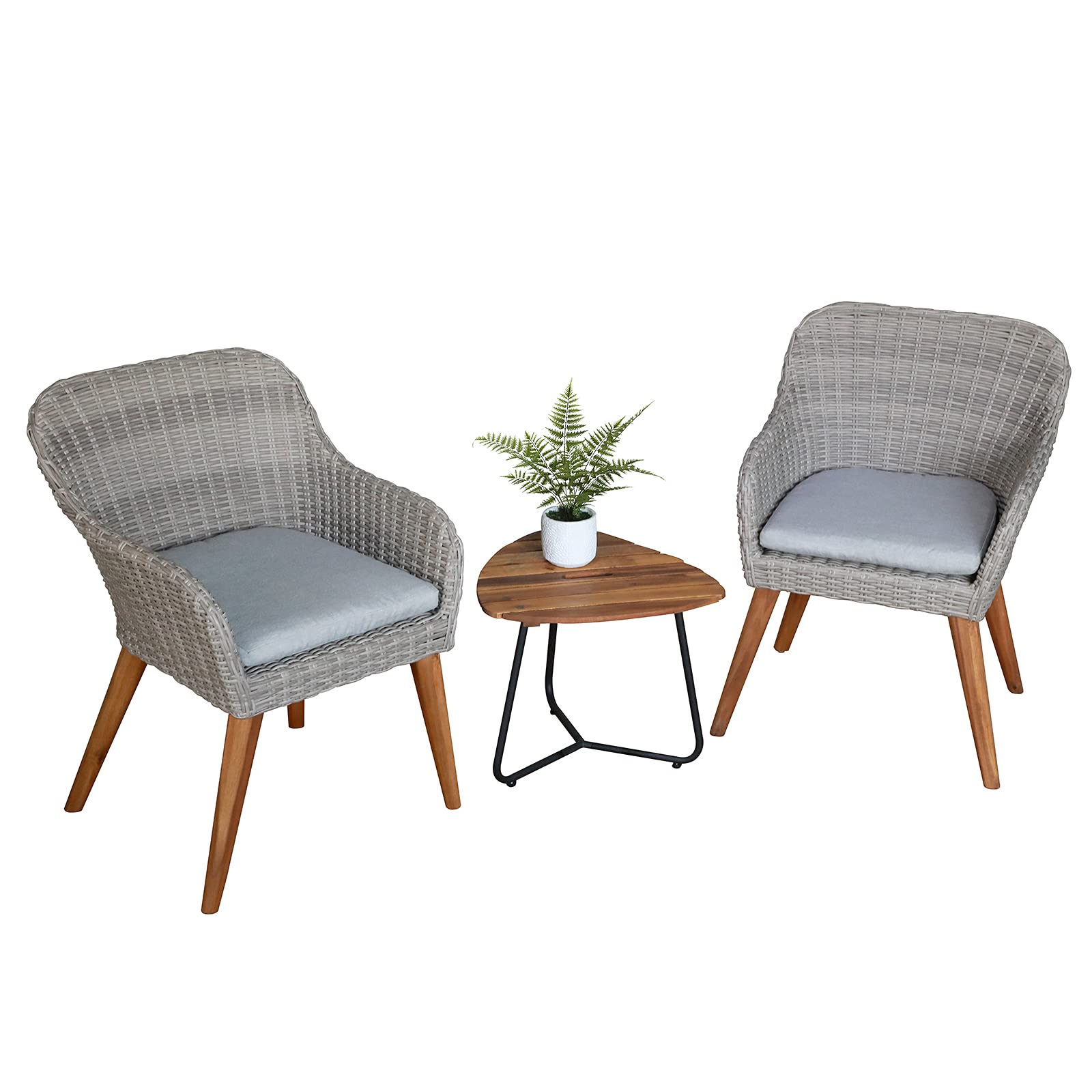 Soleil Jardin Outdoor 3-Piece Bistro Set with Seat Cushion, Two Chairs and Wood Top Side Table, Gray Wicker with Wood Leg