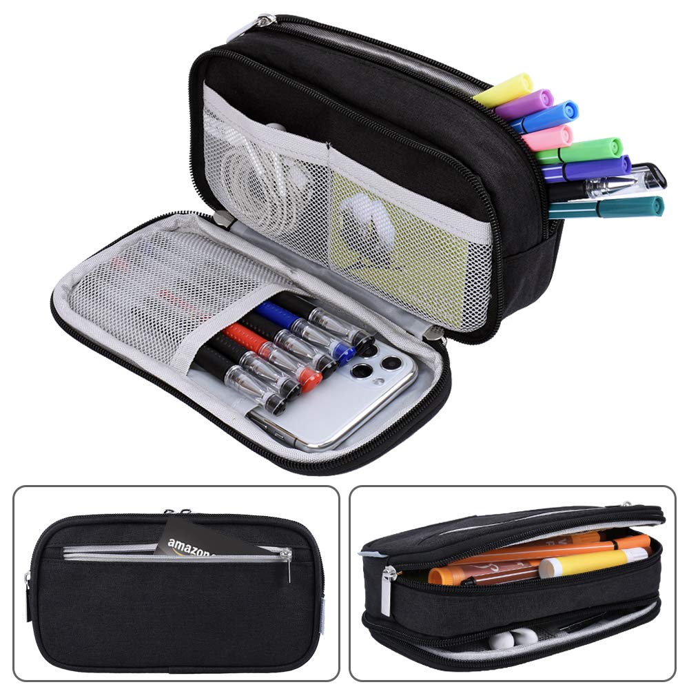 Chelory Big Pencil Case Large Capacity Pencil Bag Pouch 3 Multi Comparments High Storage Pen Holder Marker Holder Portable Office Stationery Organizer Supplies Makeup Cosmetic Bag Men Women (Black)