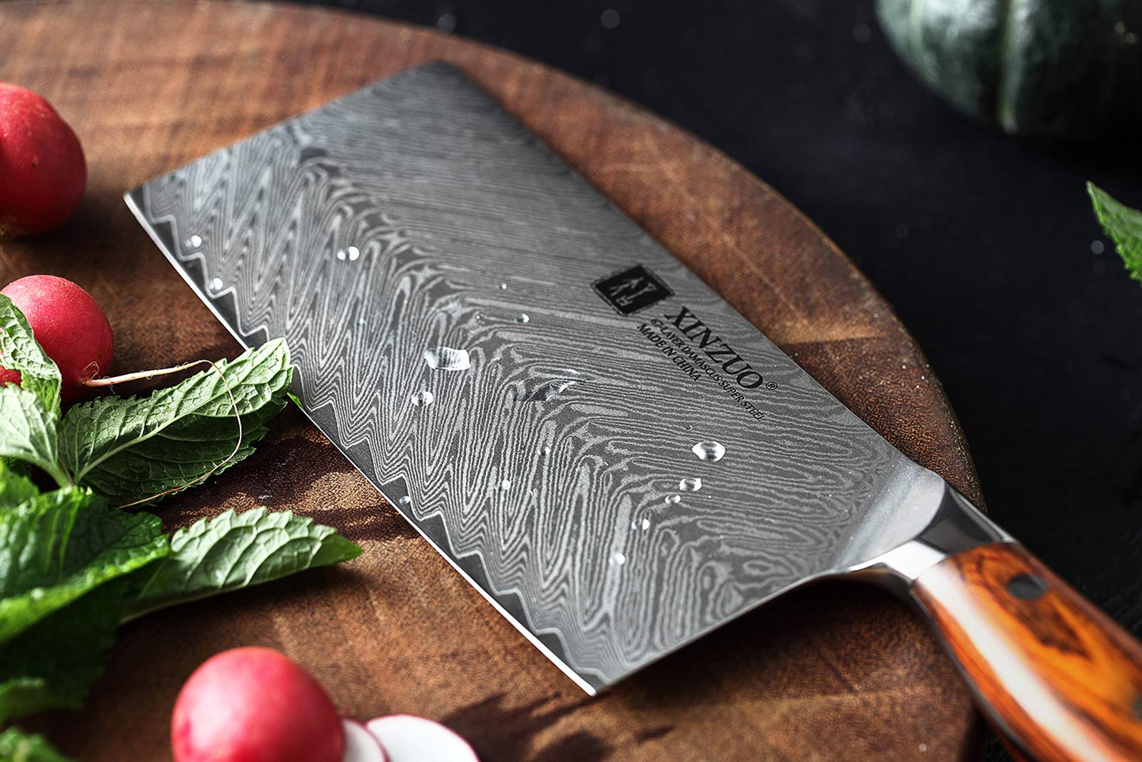 XINZUO Damascus Steel 7 Inch Cleaver Knife, Professional Butcher Knife Sharp Chinese Chef Knife Chopping Knife Kitchen Knife Vegetable, Ergonomic Rosewood Handle-Yi Series