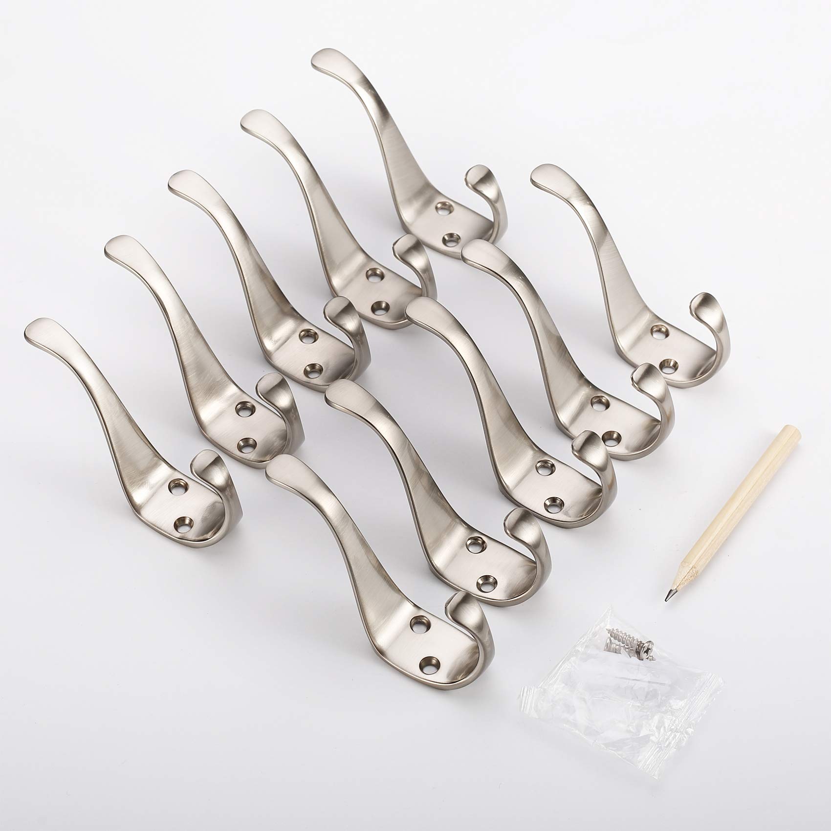 Ambipolar 10 Pack Wall Mounted Elegant Decorative Heavy Duty Double Coat Hooks, with Screws, Brushed Nickel (6635BSN-T500)