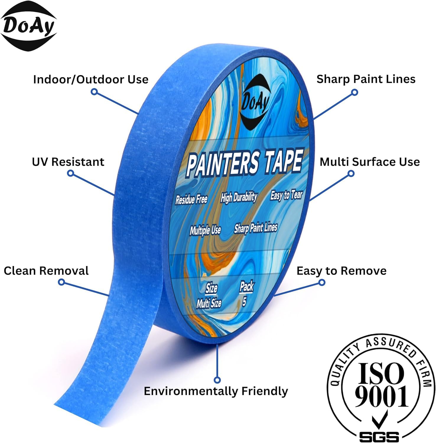 DoAy Blue Painters Tape 1/4" 3/8" 1/2" 5/8" 3/4" x 60 Yard - Multi Size Pack - Multi Surface Use - 5 Rolls