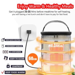 Mr.Dakai Portable Electric Heated Bento Lunch Box for Adults Kids, 71oz Stackable Stainless Steel Hot Food Lunch Box Container, 3-Tier Insulated Bento Box Adult Thermal Lunch Box, Food Warmer Set