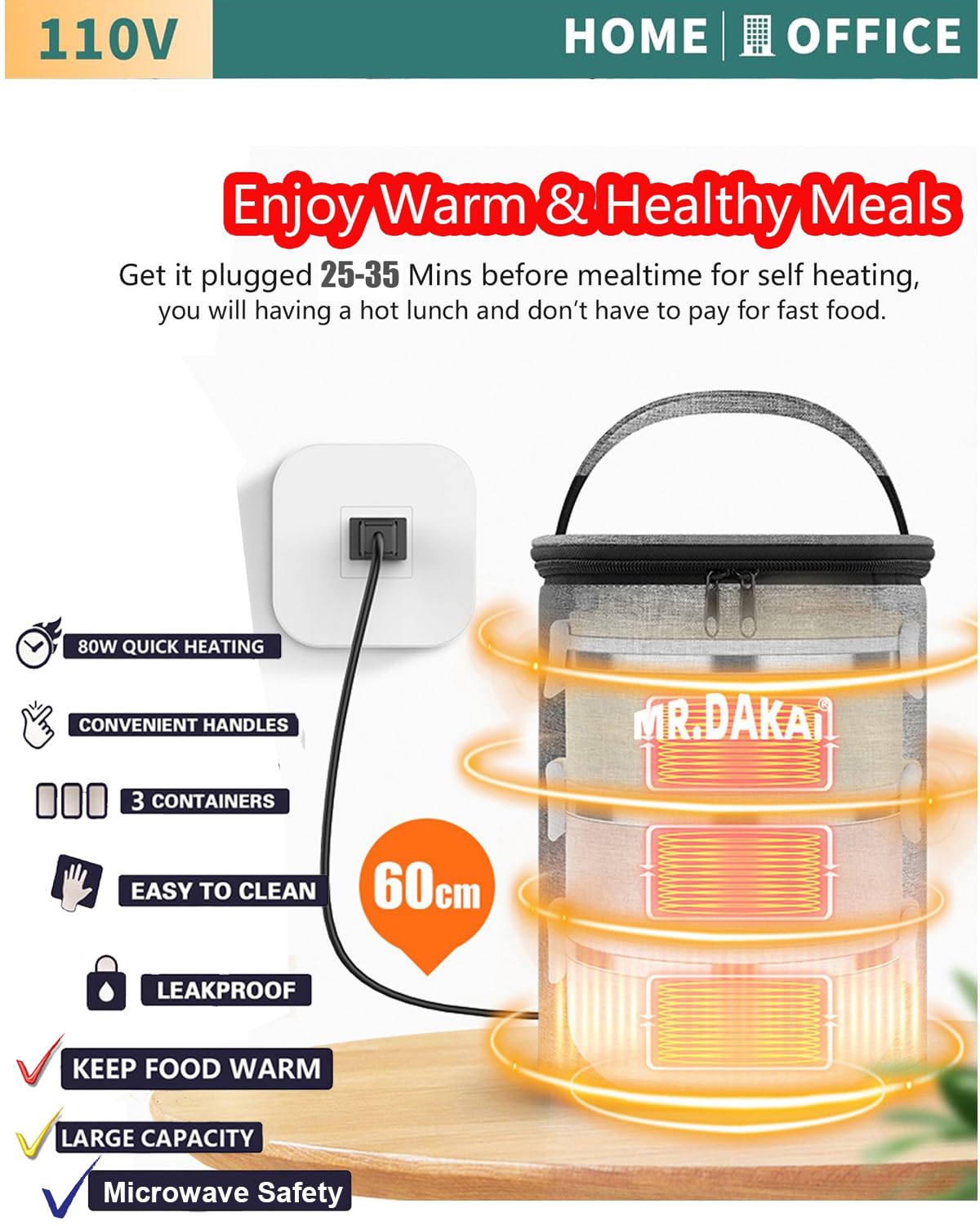 Mr.Dakai Portable Electric Heated Bento Lunch Box for Adults Kids, 71oz Stackable Stainless Steel Hot Food Lunch Box Container, 3-Tier Insulated Bento Box Adult Thermal Lunch Box, Food Warmer Set