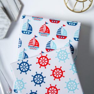 WRAPAHOLIC Wrapping Paper Sheet - Nautical Anchors Blue Design for Birthday, Holiday, Wedding, Baby Shower - 1 Roll Contains 6 Sheets - 17.5 inch X 39.3 inch Per Sheet