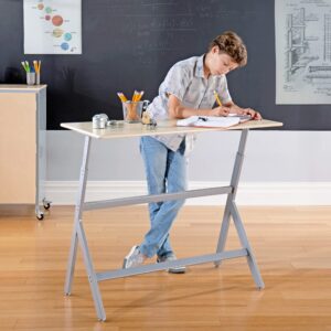 guidecraft standing collaboration desk for kids and adults: adjustable height birch plywood table with metal legs for home, office, classrooms and more