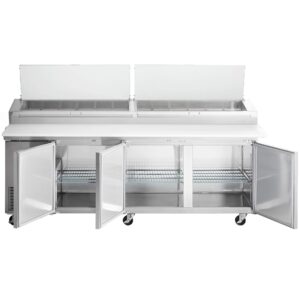 Commercial Grade Pizza Prep Table | Stainless Steel | 3 Doors | Insulated Lids | 19.5” x ½” Cutting Board Included | (12) 1/3 Size Pans Included | 91.9” x 31.5” x 39.4” | R-290 Natural Refrigerant