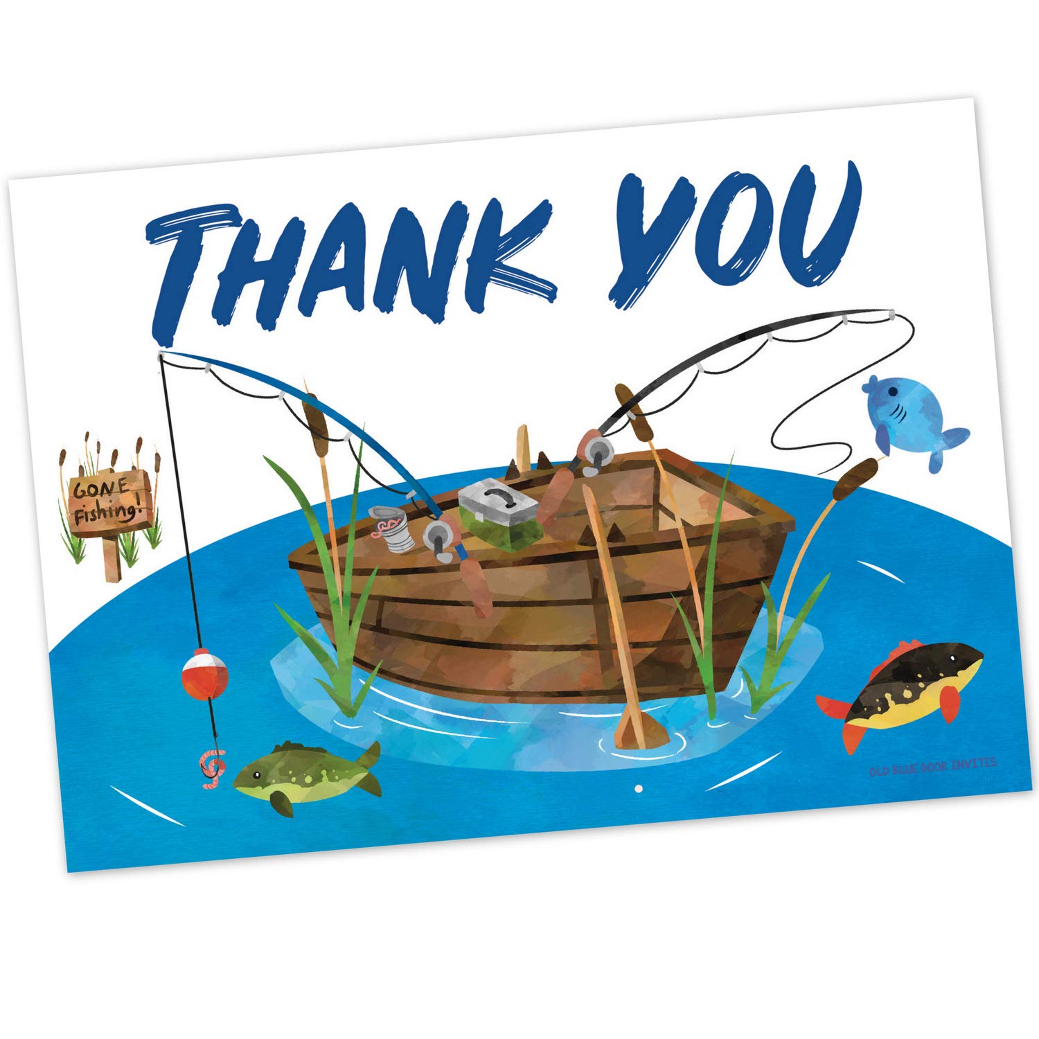 Old Blue Door Invites Fishing Thank You Cards (20 Count with Envelopes) - Fishing Birthday Thanks for Kids and Adults