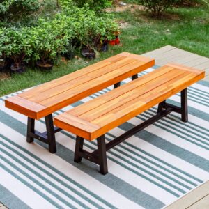 sophia & william outdoor patio acacia wood benches set of 2 63.0" l x 14.4" w x 17.9" h, oil backless wooden garden park bench for patio porch, modern slim outdoor dining furniture,teak color