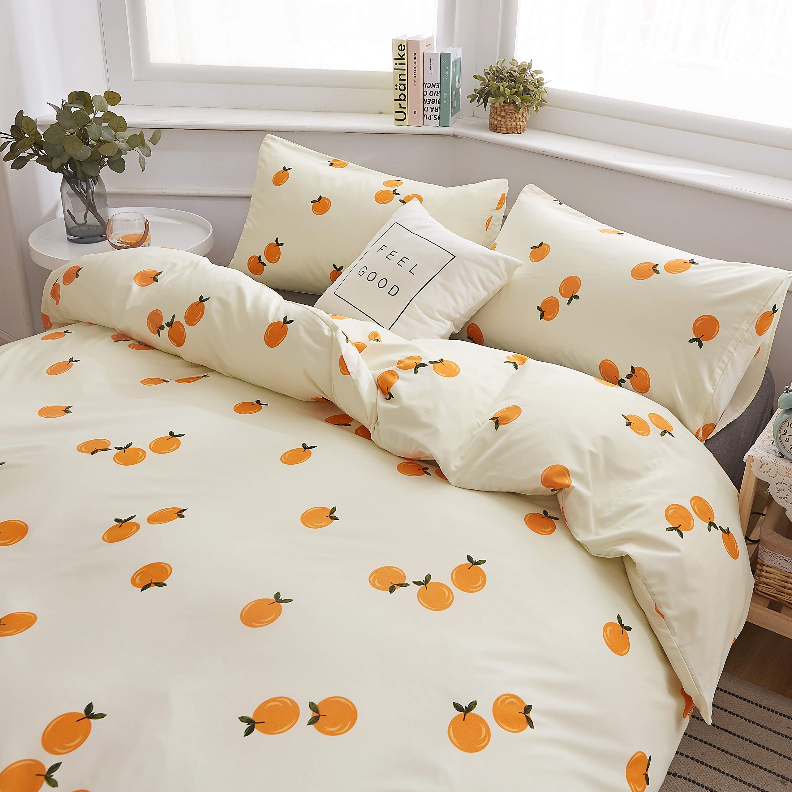 LAMEJOR Duvet Cover Set Queen Size Orange Tangerine Fruit Pattern Luxury Soft Bedding Set Comforter Cover (1 Duvet Cover+3 Pillowcases) Off-White