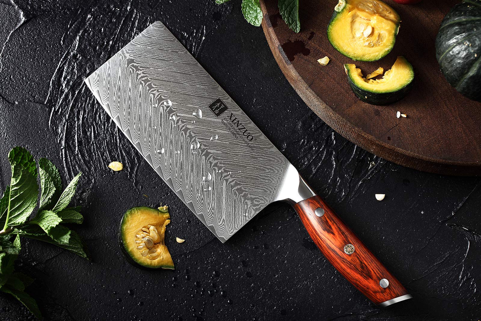 XINZUO Damascus Steel 7 Inch Cleaver Knife, Professional Butcher Knife Sharp Chinese Chef Knife Chopping Knife Kitchen Knife Vegetable, Ergonomic Rosewood Handle-Yi Series