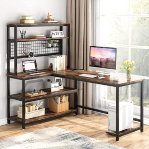 tribesigns 55" large computer desk with wireless charging 5 storage shelves, office desk study table writing desk workstation with hutch bookshelf for home office (brown)