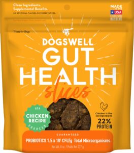 dogswell gut health slices functional dog treats, chicken 8 oz. bag