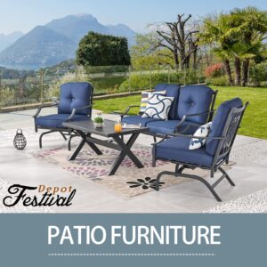 Festival Depot 4 pc Patio Conversation Set Metal Armchairs Loveseat and Coffee Table with Thick Cushions Outdoor Furniture for Garden Deck Bistro (Blue)