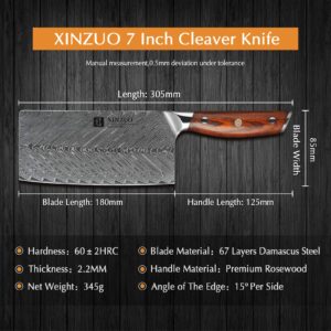 XINZUO Damascus Steel 7 Inch Cleaver Knife, Professional Butcher Knife Sharp Chinese Chef Knife Chopping Knife Kitchen Knife Vegetable, Ergonomic Rosewood Handle-Yi Series