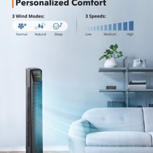 Tower Fan, 65°Oscillating Cooling Fan Powerful Floor Fan with Remote, LED Display, 9 Modes, Easy Clean, Up to 12H Timer, Bladeless Standing Fan Portable for the Whole Room Home Office