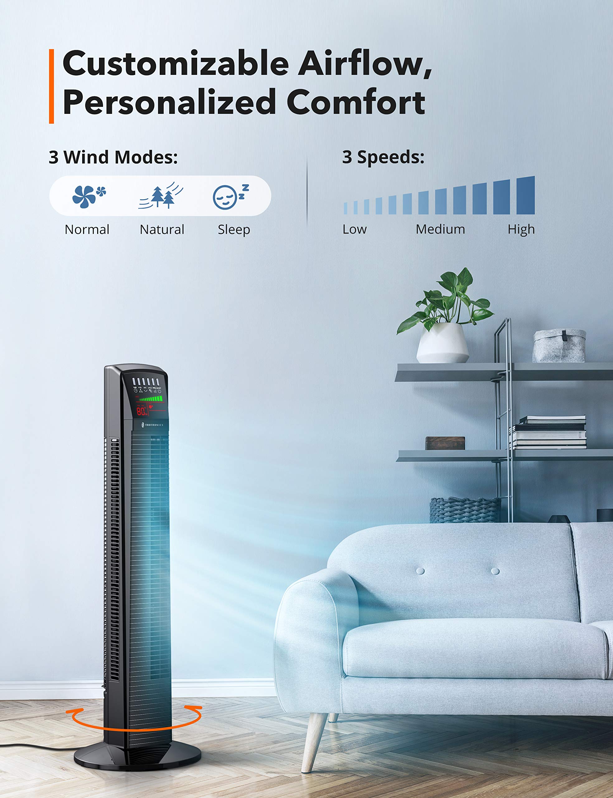 Tower Fan, 65°Oscillating Cooling Fan Powerful Floor Fan with Remote, LED Display, 9 Modes, Easy Clean, Up to 12H Timer, Bladeless Standing Fan Portable for the Whole Room Home Office