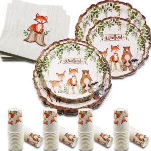 woodland creatures party supplies baby shower decorations, forest animal friends theme party supplies, 32 guests dinner plates, dessert plates,9 oz cups and napkins for baby shower and birthday party