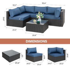 Walsunny 5 Pieces Outdoor Patio Furniture Set, All-Weather Rattan Patio Sectional Sofa Wicker Conversation Set with Glass Table and Cushions(Aegean Blue)