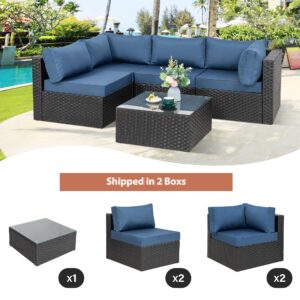 Walsunny 5 Pieces Outdoor Patio Furniture Set, All-Weather Rattan Patio Sectional Sofa Wicker Conversation Set with Glass Table and Cushions(Aegean Blue)