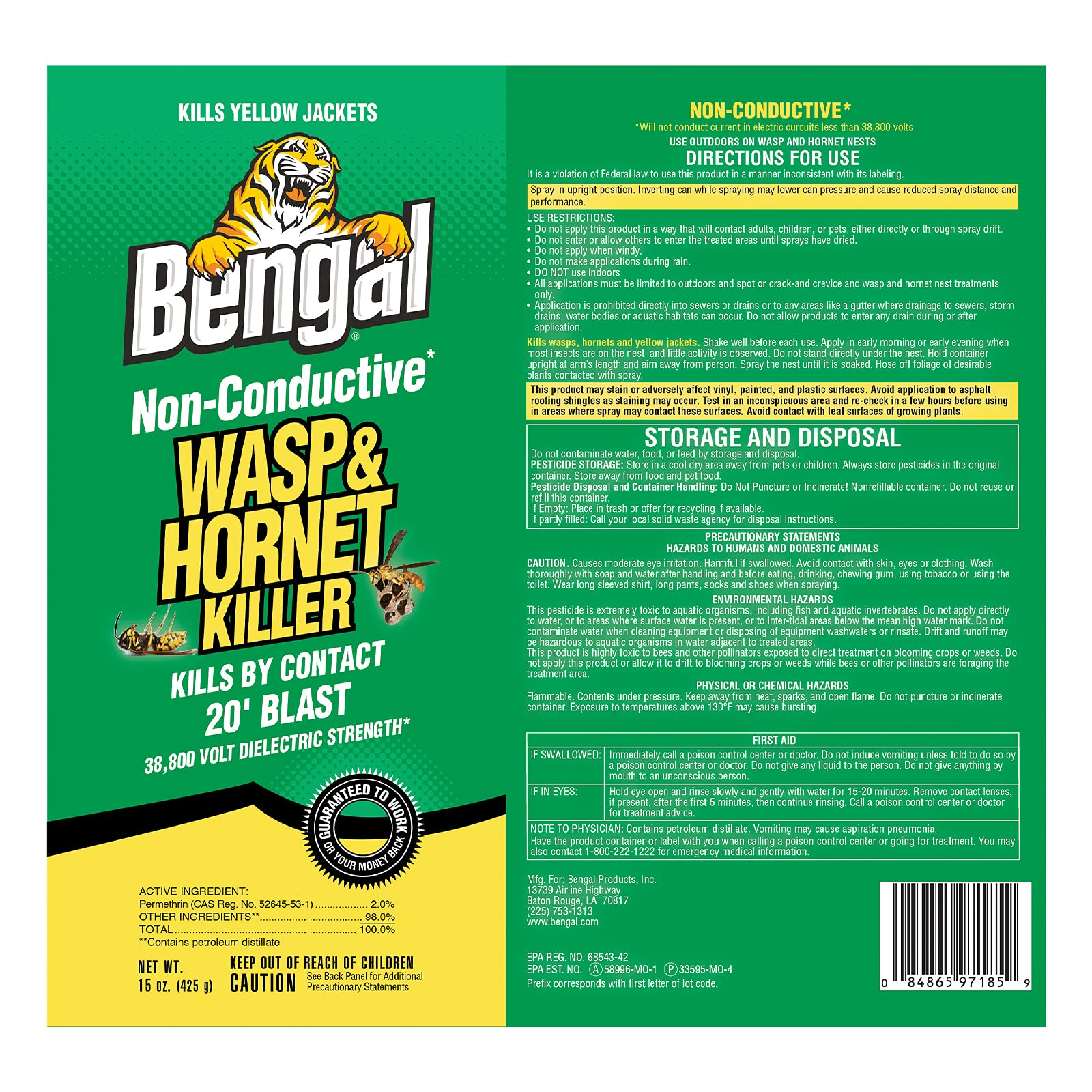 Bengal Non-Conductive Wasp and Hornet Killer – Long Range Outdoor Insecticide Spray Kills Yellow Jackets on Contact, 15 oz